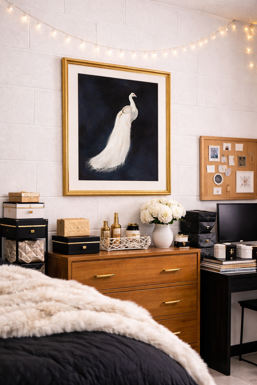 White Peacock Art Print | Black, Blue & White Statement Wall Art